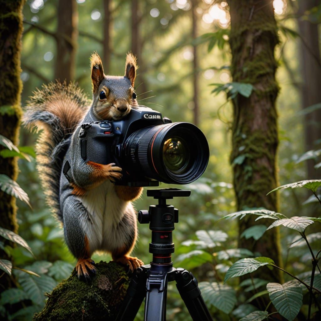 Squirrel Peers Through DSLR Lens in Forest - AI Art