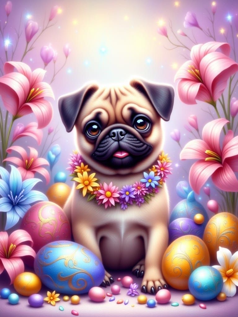 A joyful cute Easter Pug - Whimsical Easter Pug Amidst Vibra...