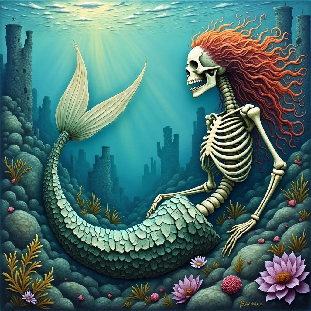 An ancient mermaid skeleton with coral and seaweed growing from it, the ...