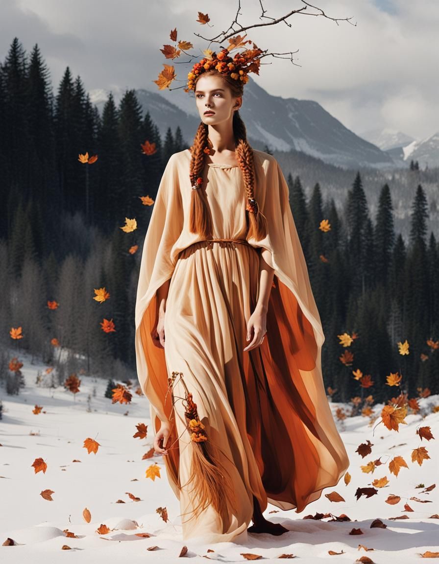Goddess of autumn.Long braids.Long dress.Leaves. Rafael Santi - AI ...