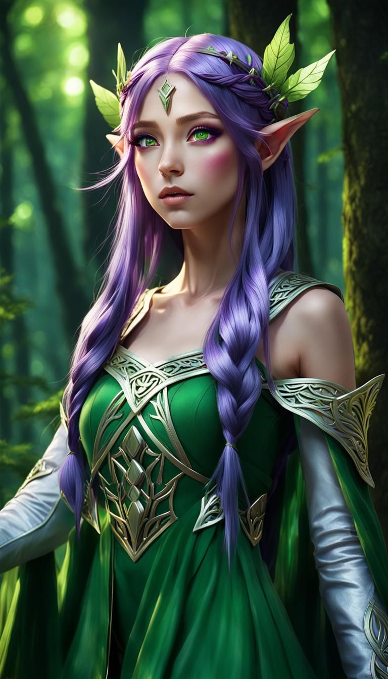 full body portrait of A very beautiful elven princess with purple hair ...