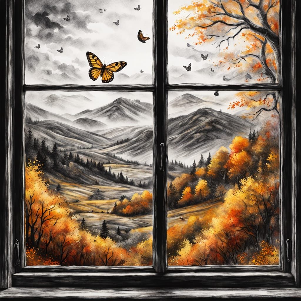 Butterfly in Bow Window: Charcoal Autumn Landscape - AI Art