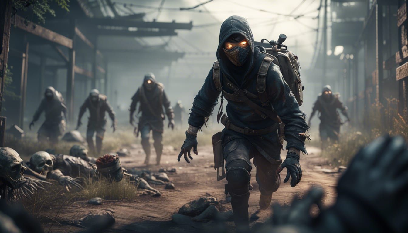 A great ninja being hunted by zombies in the post apocalyptic world 3D ...