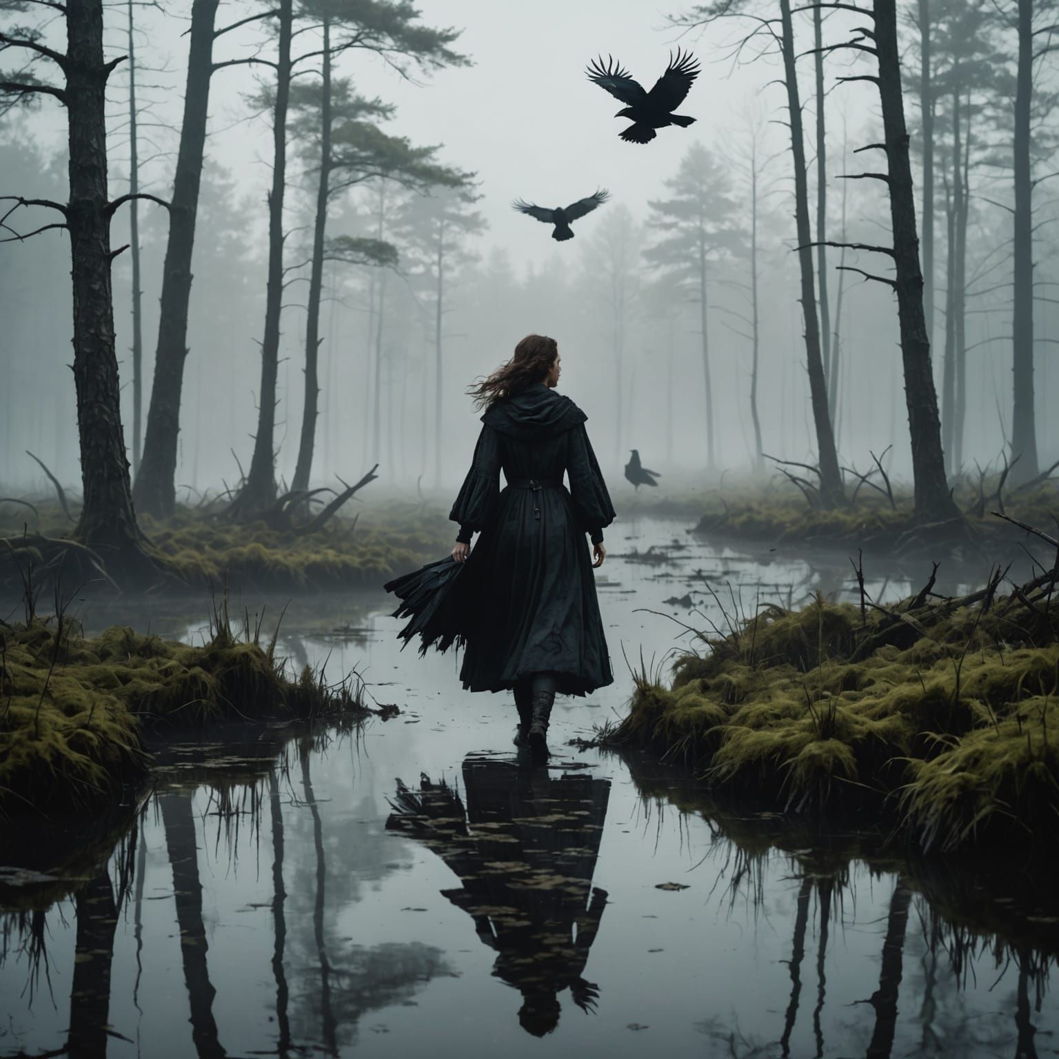 A woman cover in mist walking through a swamp with a raven flying next ...