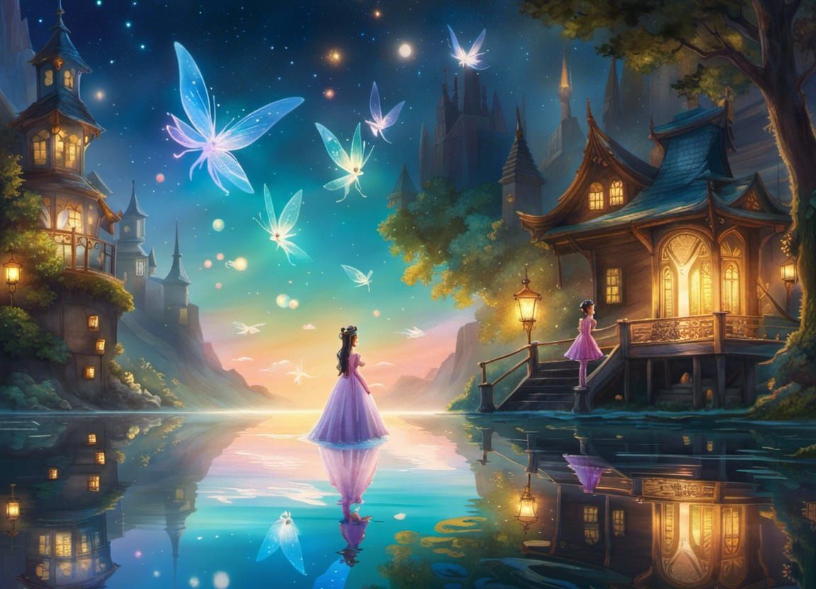 A Fairy princess shyly looking into a mirrored reflection of herself in ...