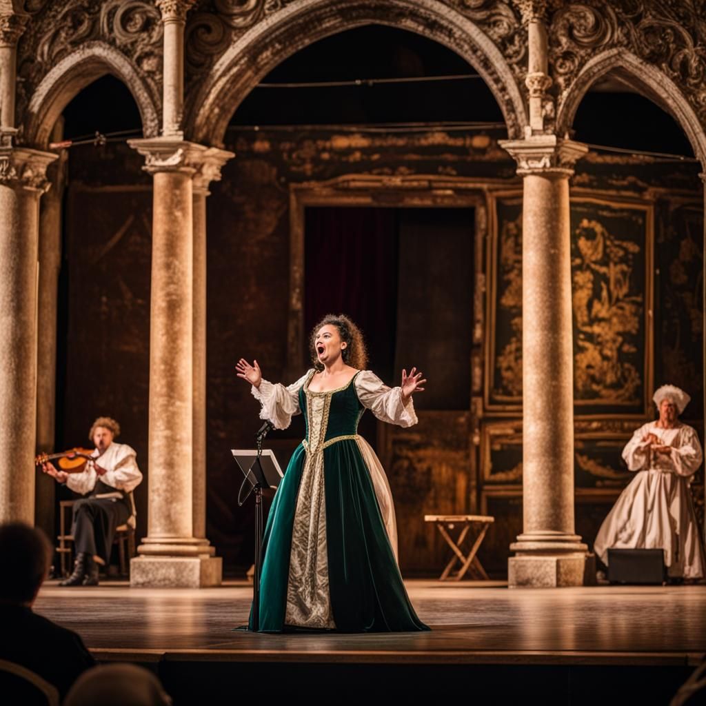 Opera singer performing in front of medieval Venetian stage - AI ...
