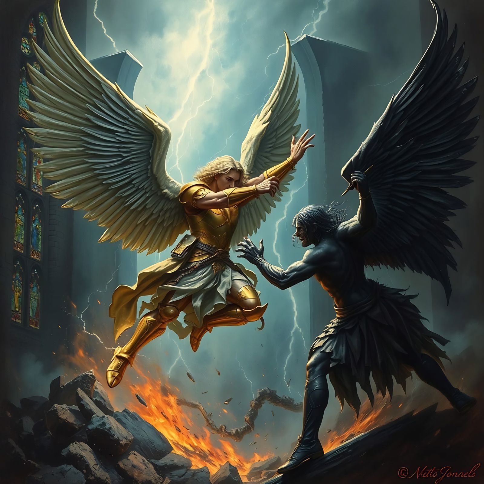 Archangel Michael Battles Lucifer in a Dark, Storm... - AI Art