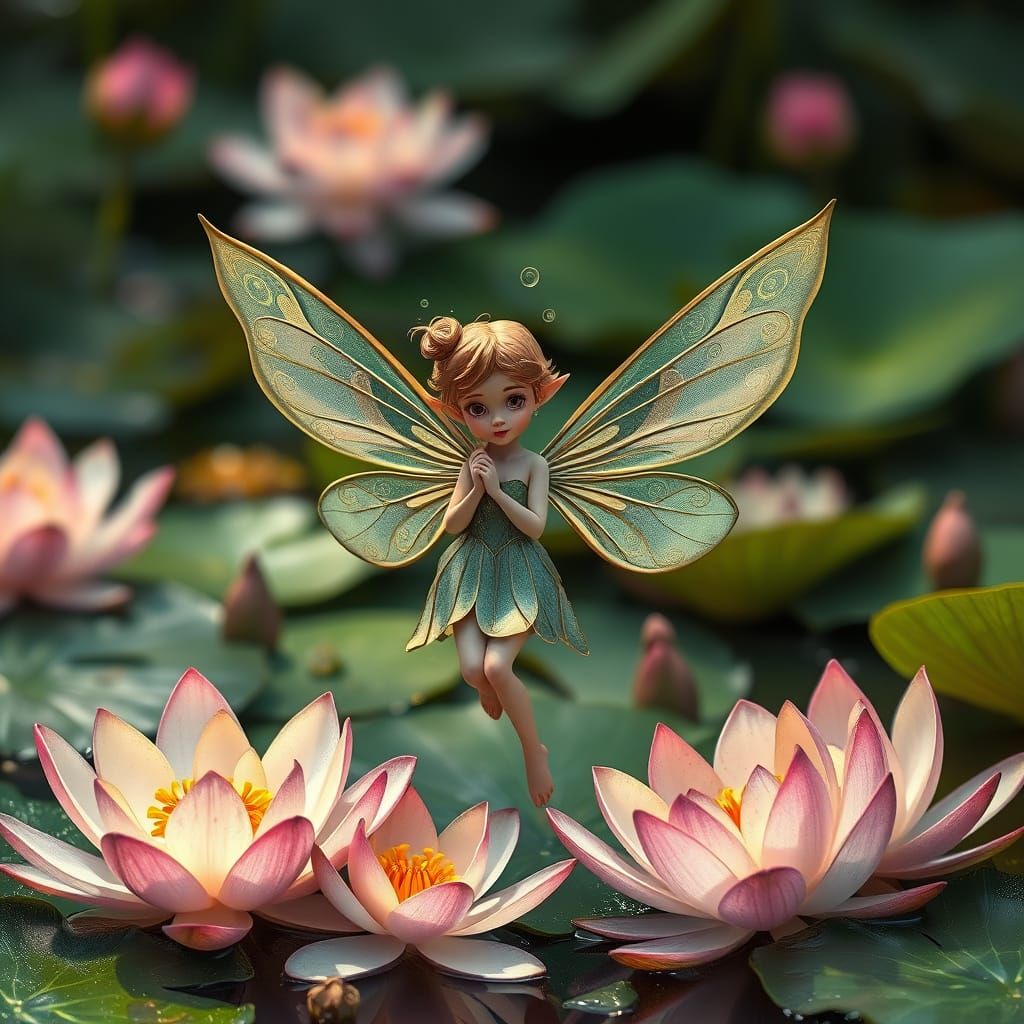 "Lotus Blossom Pixie" - Enchanted Pixie in a Monet-Inspired...