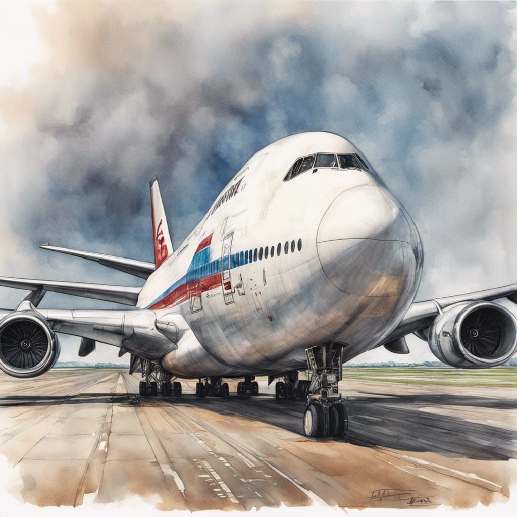 A watercolour pencil style drawing of a 747 Jumbo jet aeroplane on a ...