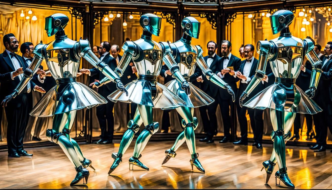 painterly highly detailed transparent humanoid glass robots dancing ballet, in the style of ...