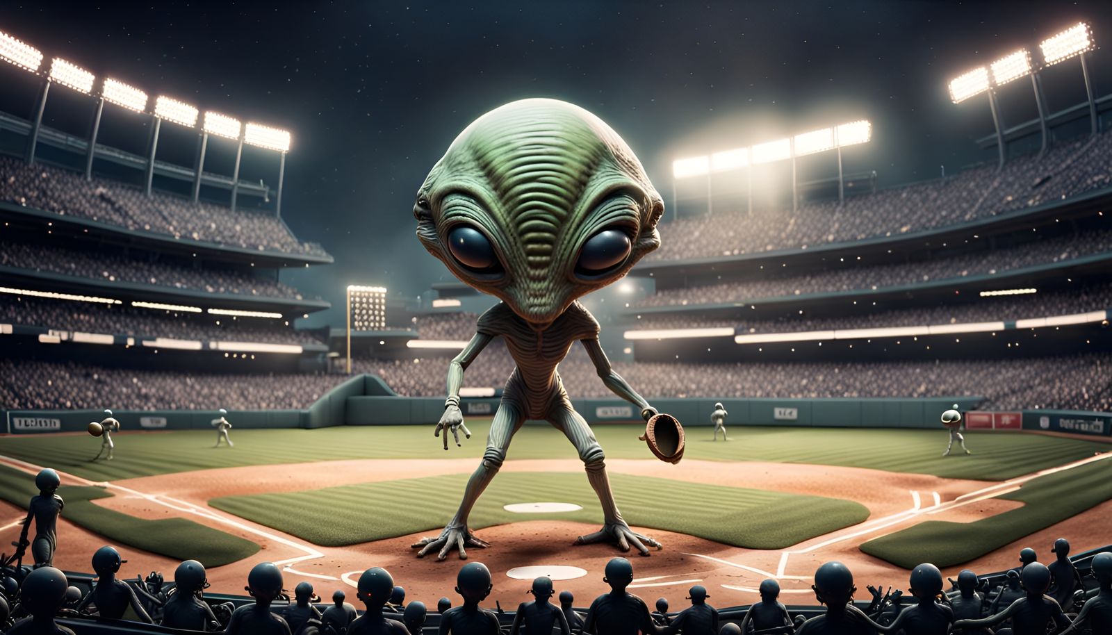 Many Aliens, from many galaxies, playing baseball. Intricately detailed ...