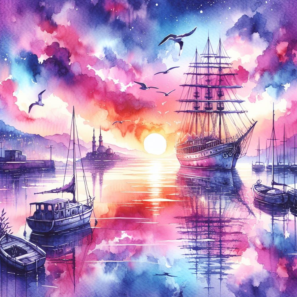 a vibrant and colorful watercolor painting of a sailing ship in bay at ...