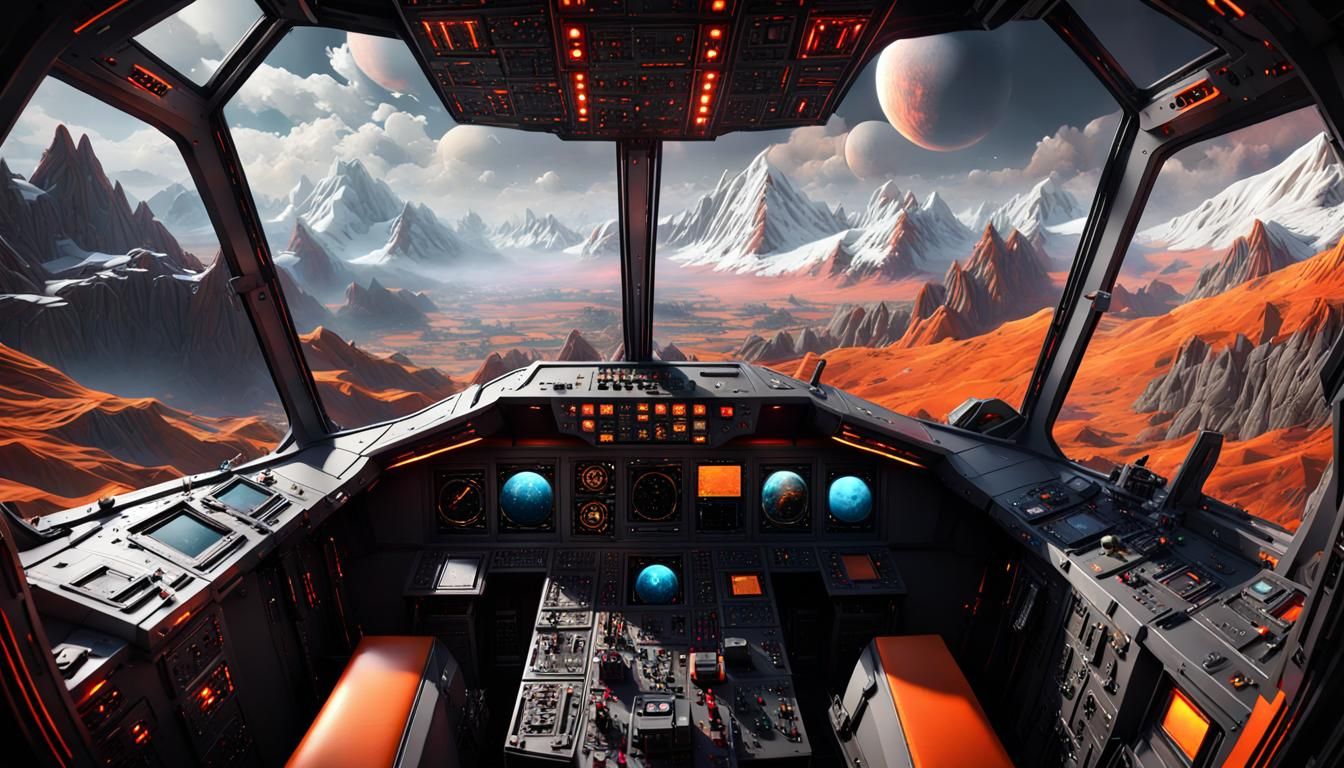 first person view from inside an intricately detailed grey and black ...