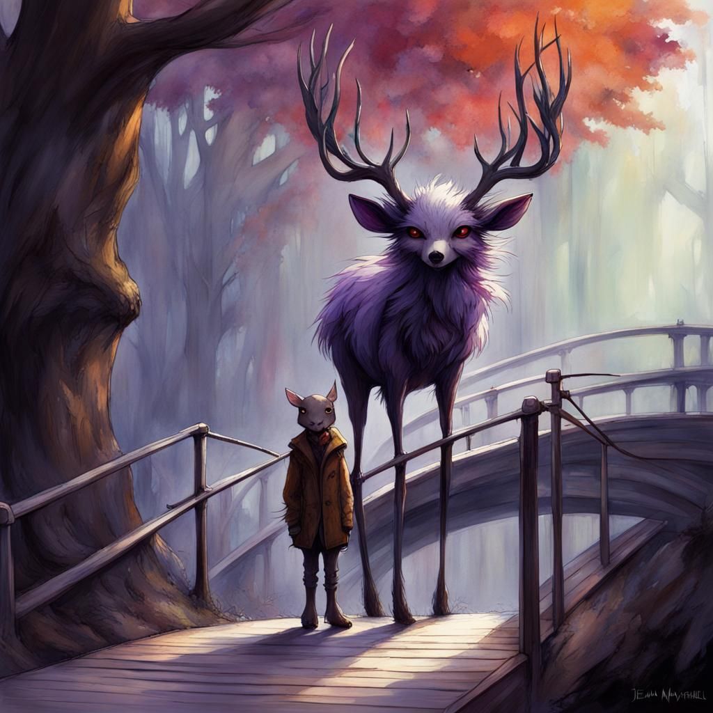 twisted purple glass, bridge, triadic colors, feathers, alien, deer ...