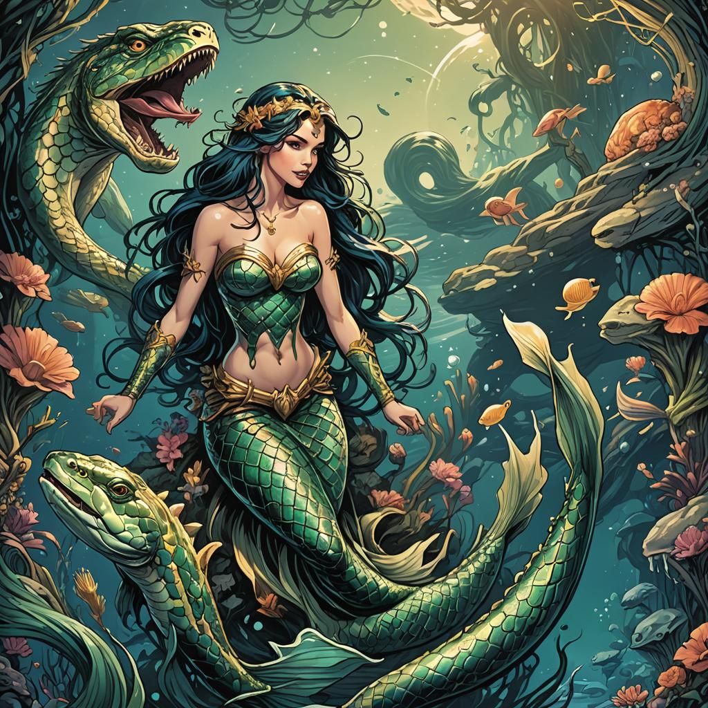 The Mermaid and the Python - AI Generated Artwork - NightCafe Creator