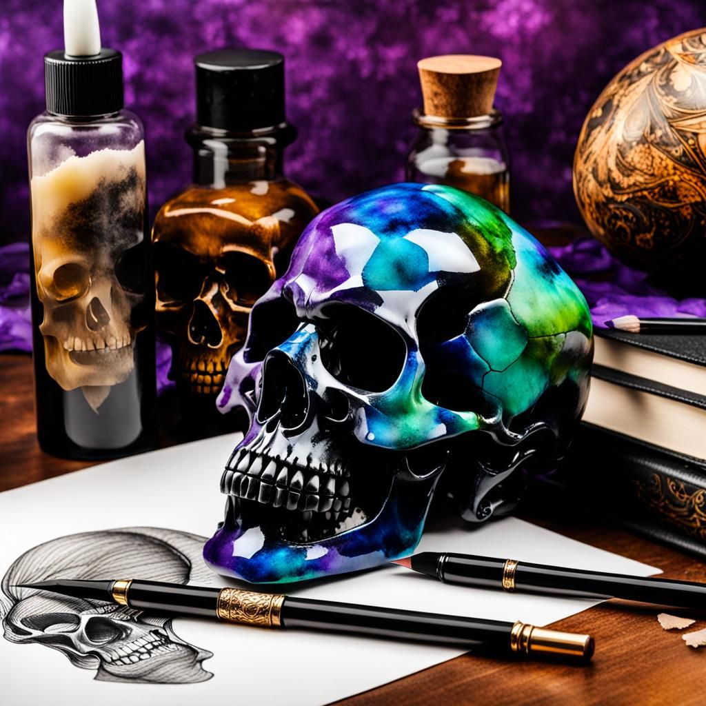 Gothic alcohol ink skull on a desk, next to a writers quill and ink ...