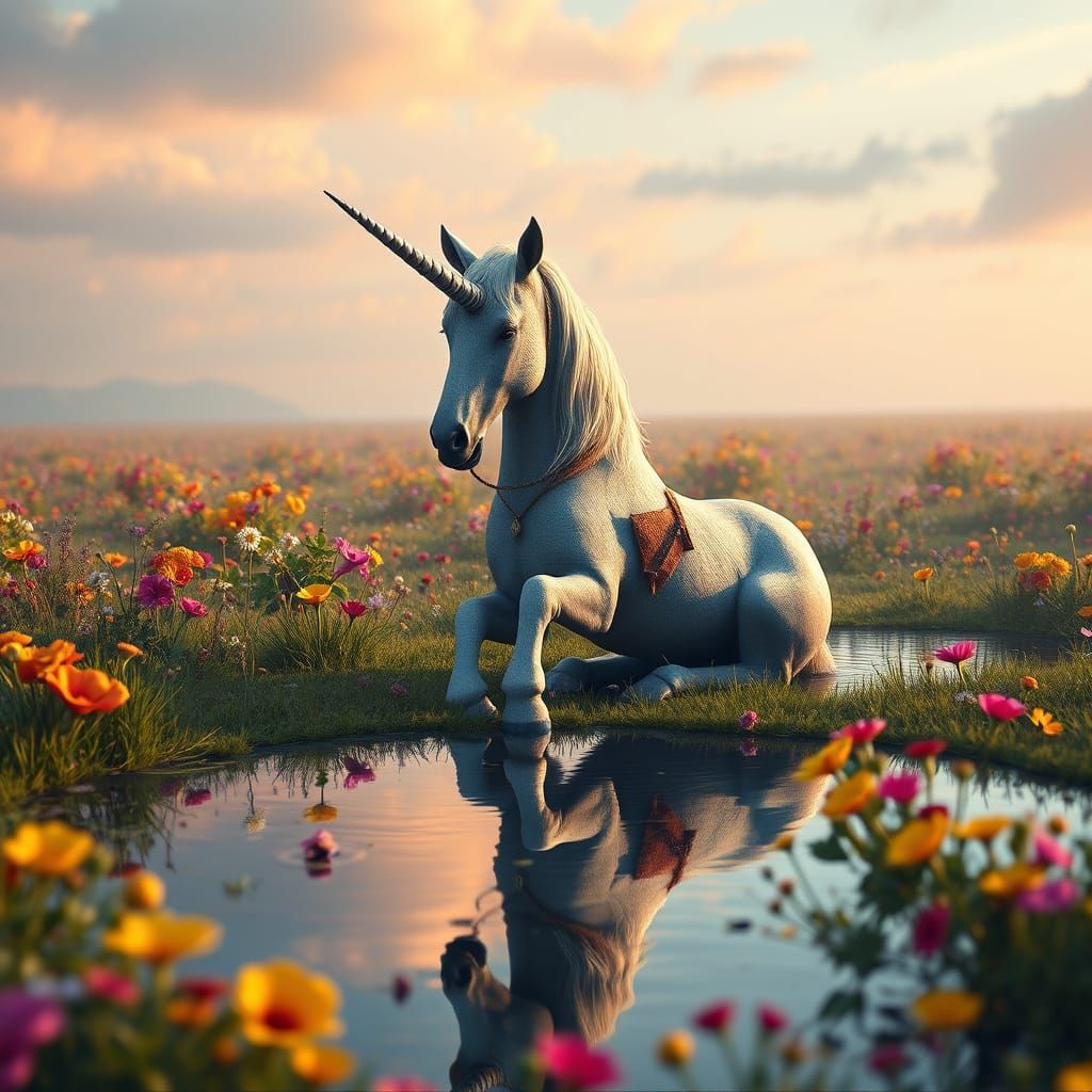 Hyperrealistic unicorn, sitting in a field of flowers looking into a body of water, being ...