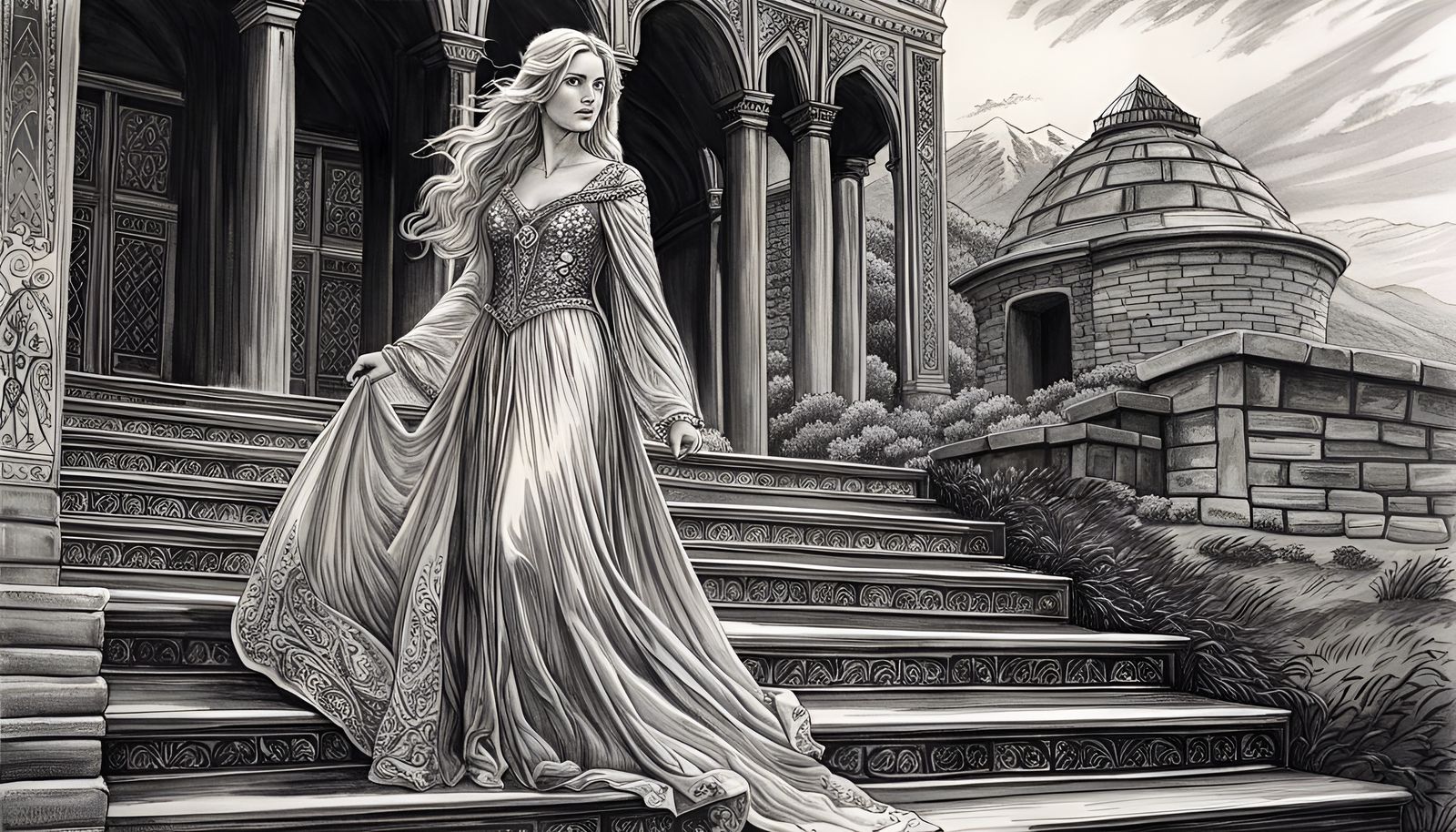 Éowyn outside Meduseld in Edoras - AI Generated Artwork - NightCafe Creator