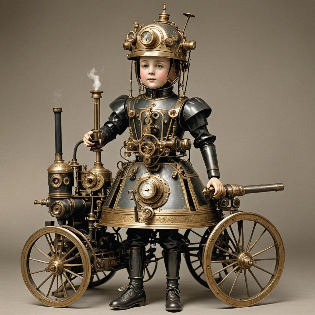 Depict a steam-powered, Victorian, automaton-child hybrid, circa 1890 ...