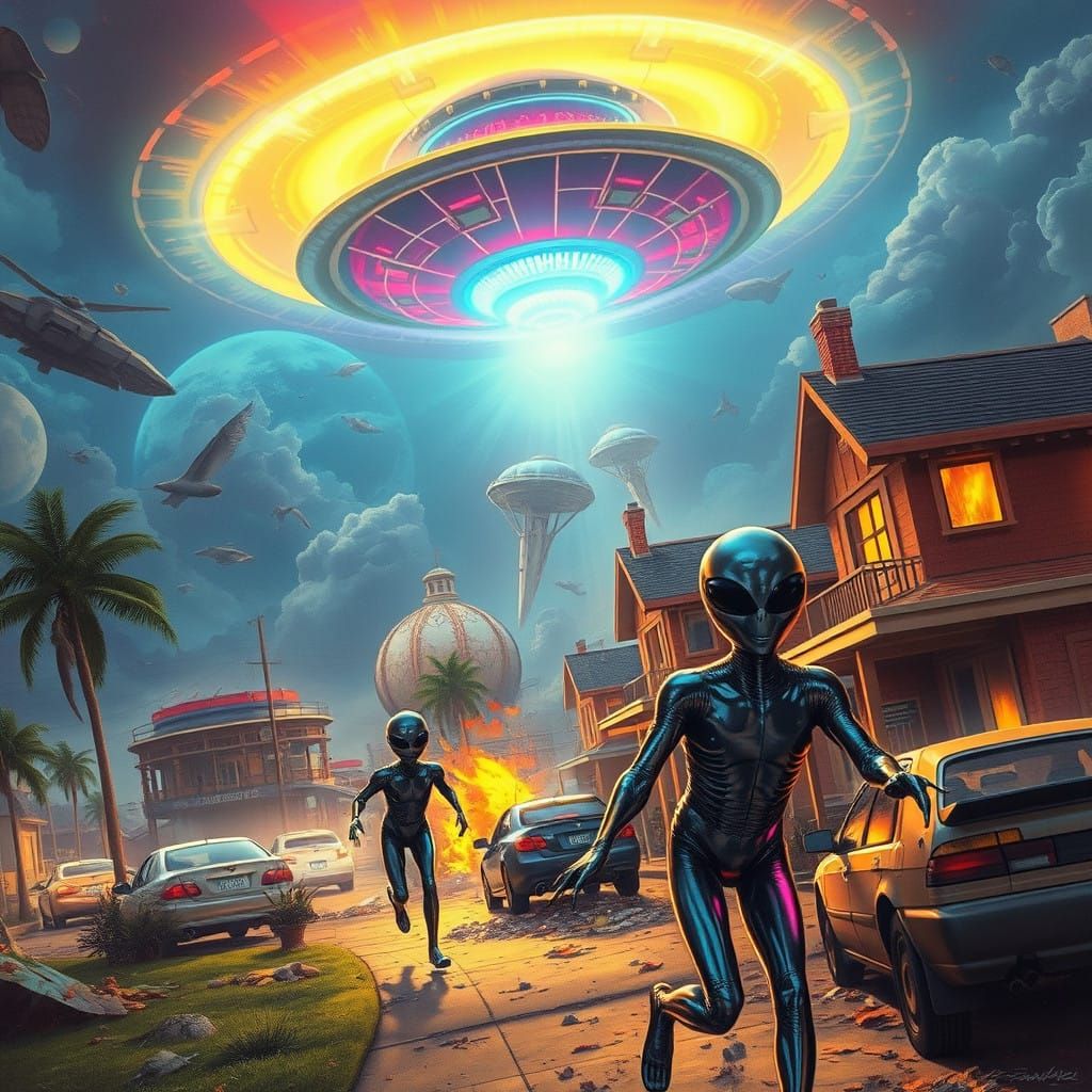 Surreal Cyberpunk Scene of Alien Invasion - AI Art