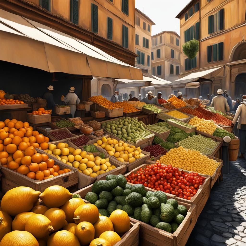 Fruits, lemons and vegetables at a street market in ancient Rome Italy ...