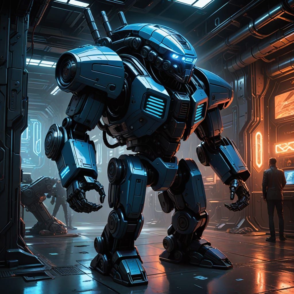 Mech standing in starship cargo bay, prepares to launch upon landing ...