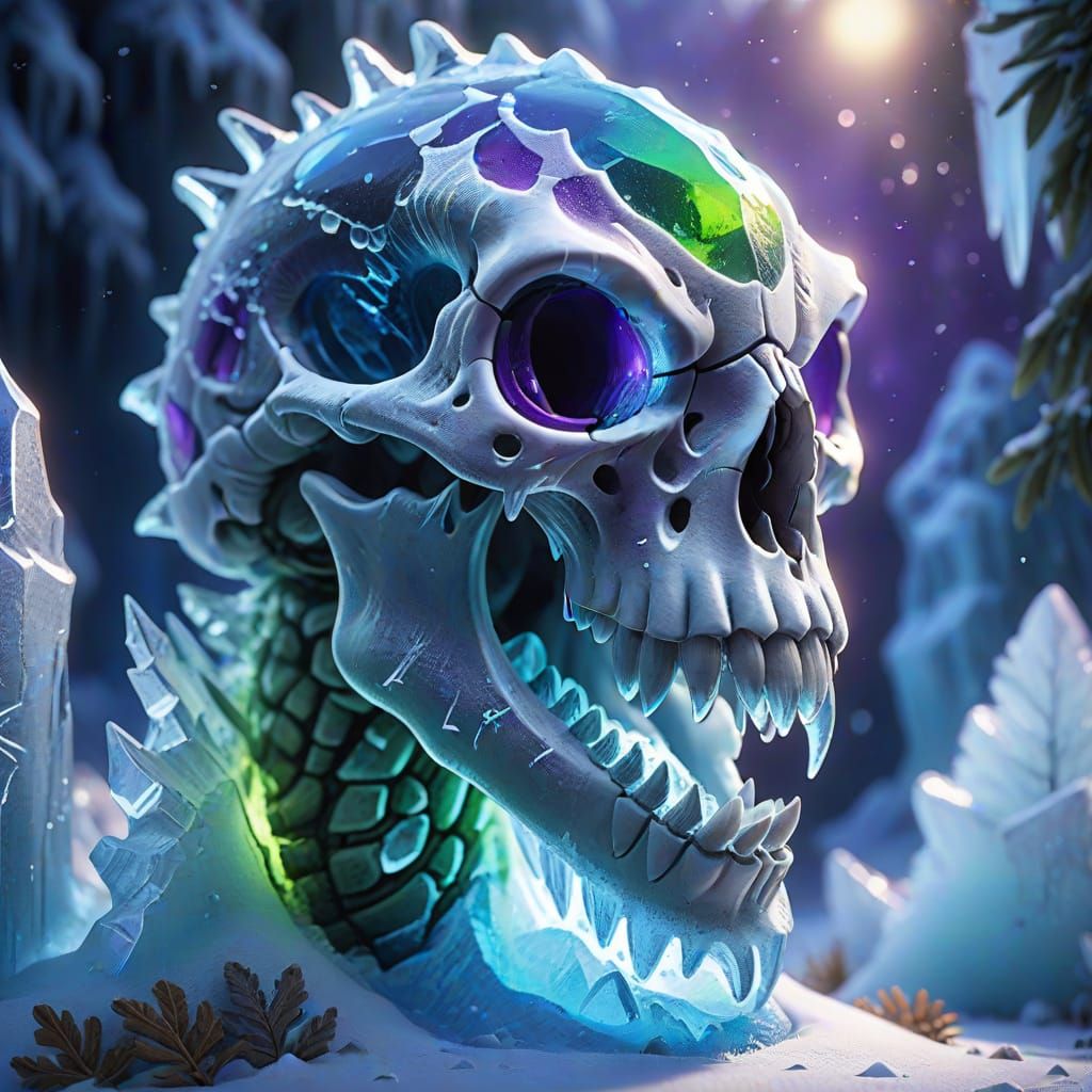 Glowing Ice Raptor Skull in a Deep Blue-Purple Haz... - AI Art