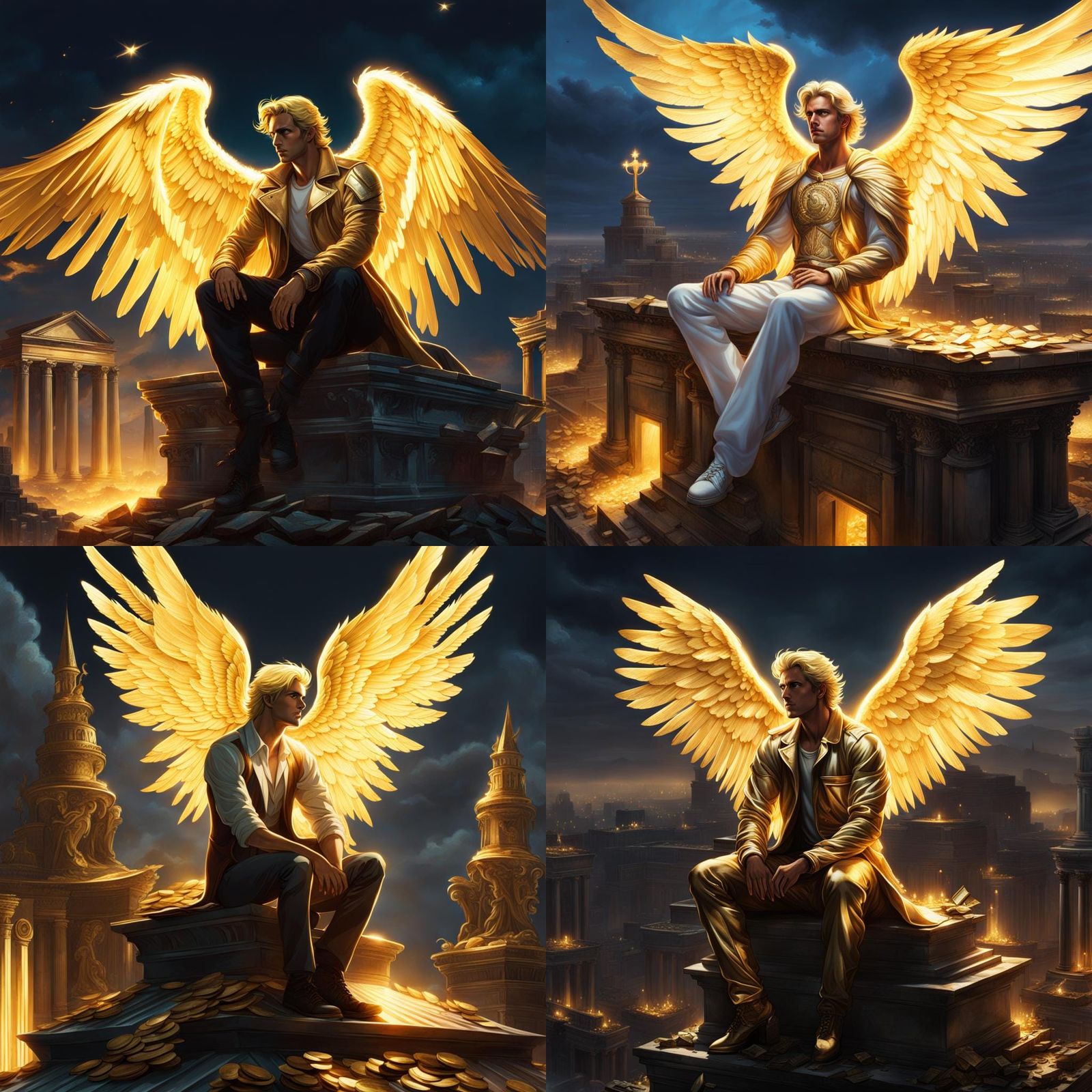 An golden haired angel man with glowing wings, sitting on the roof of a ...