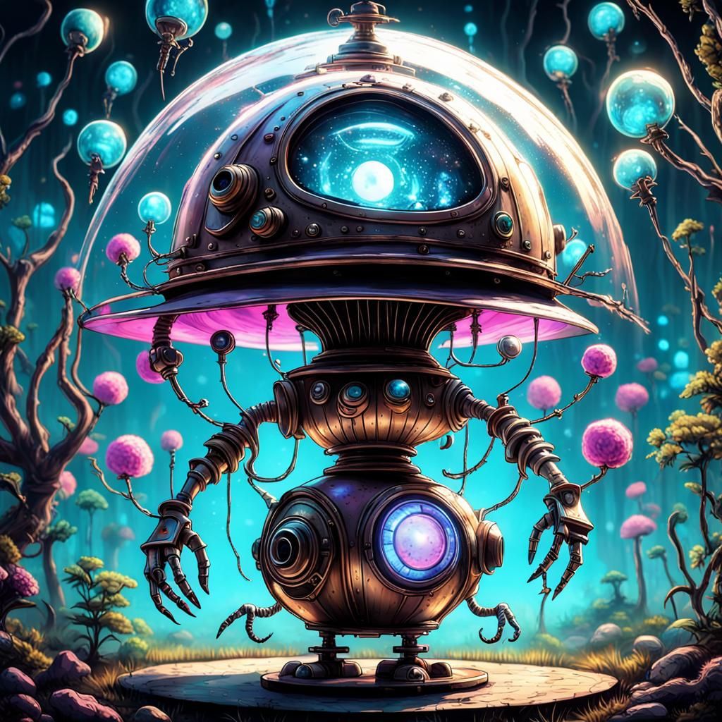 robot majordome Alice wonderland avec un balai Aetherpunk Fantasy magie ...