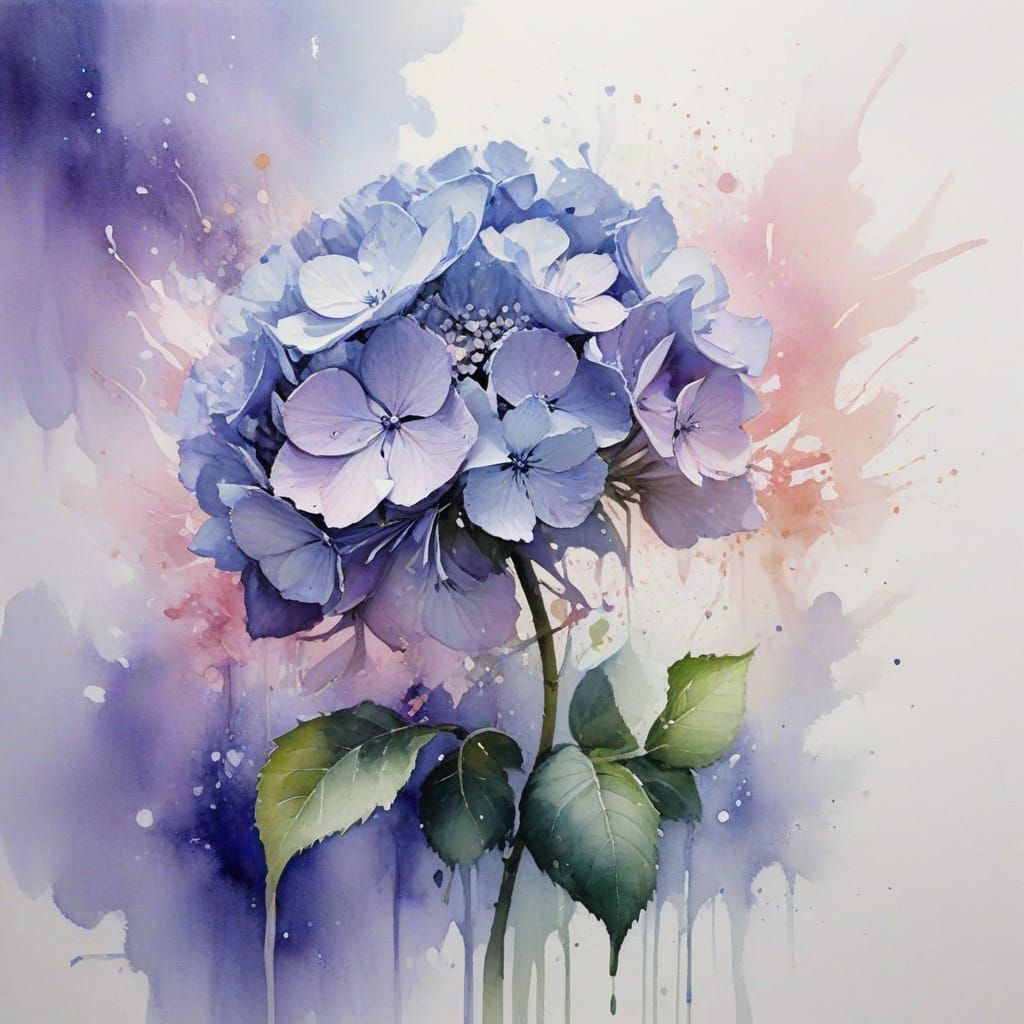A dreamy, semi-abstract watercolor painting of a single hydrangea bloom