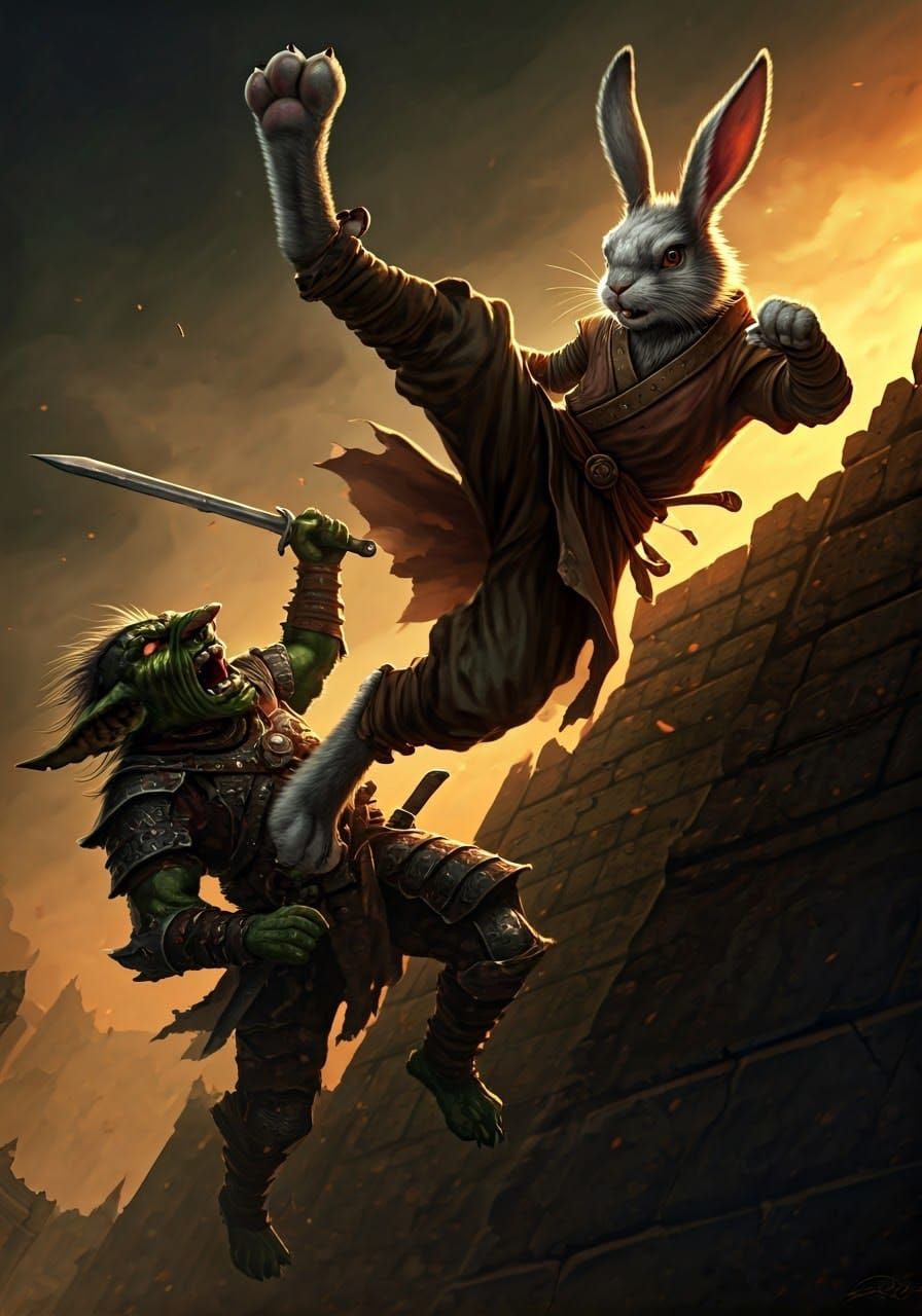 Rabbitkin Monk vs. Goblin Warrior - Anthropomorphic Rabbit M...