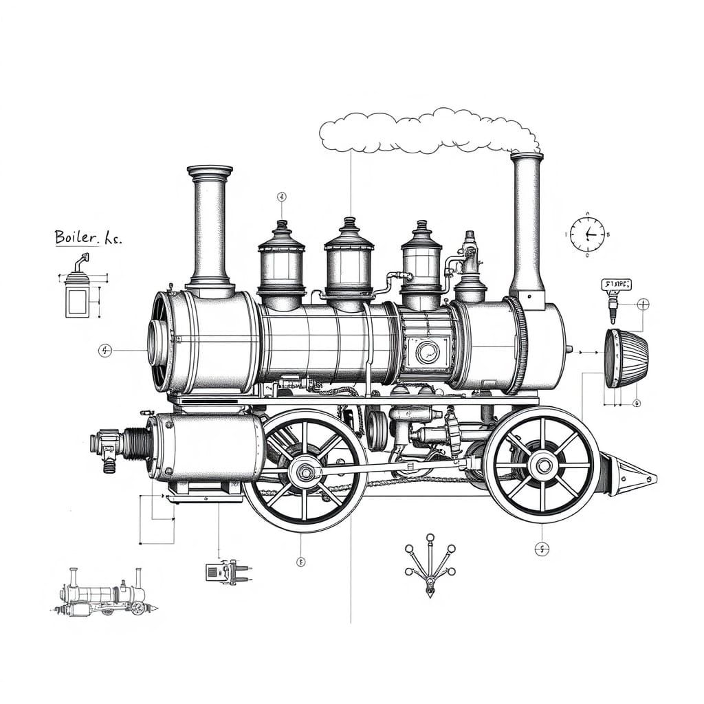 Vintage Steam Engine Technical Illustration in Cyb... - AI Art