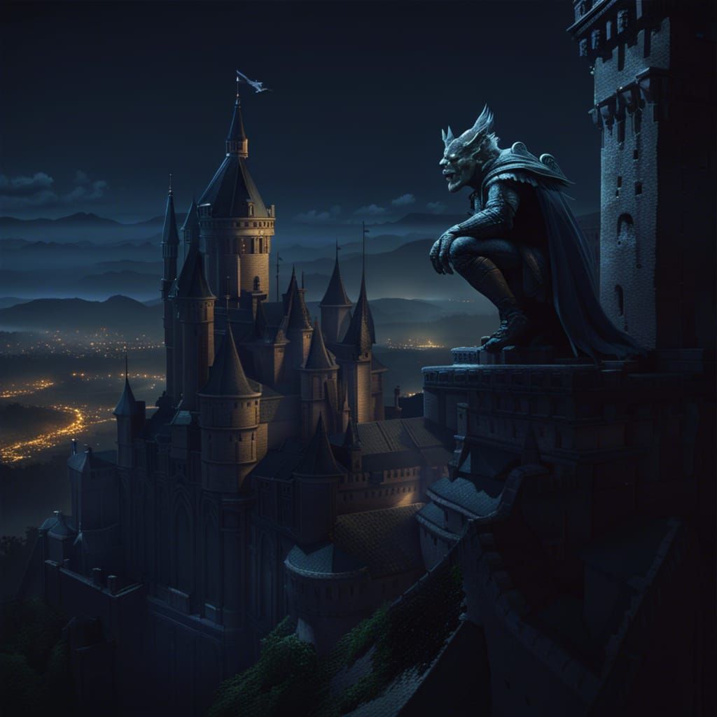 A gargoyle watching from the top of a castle at night. - AI Generated ...