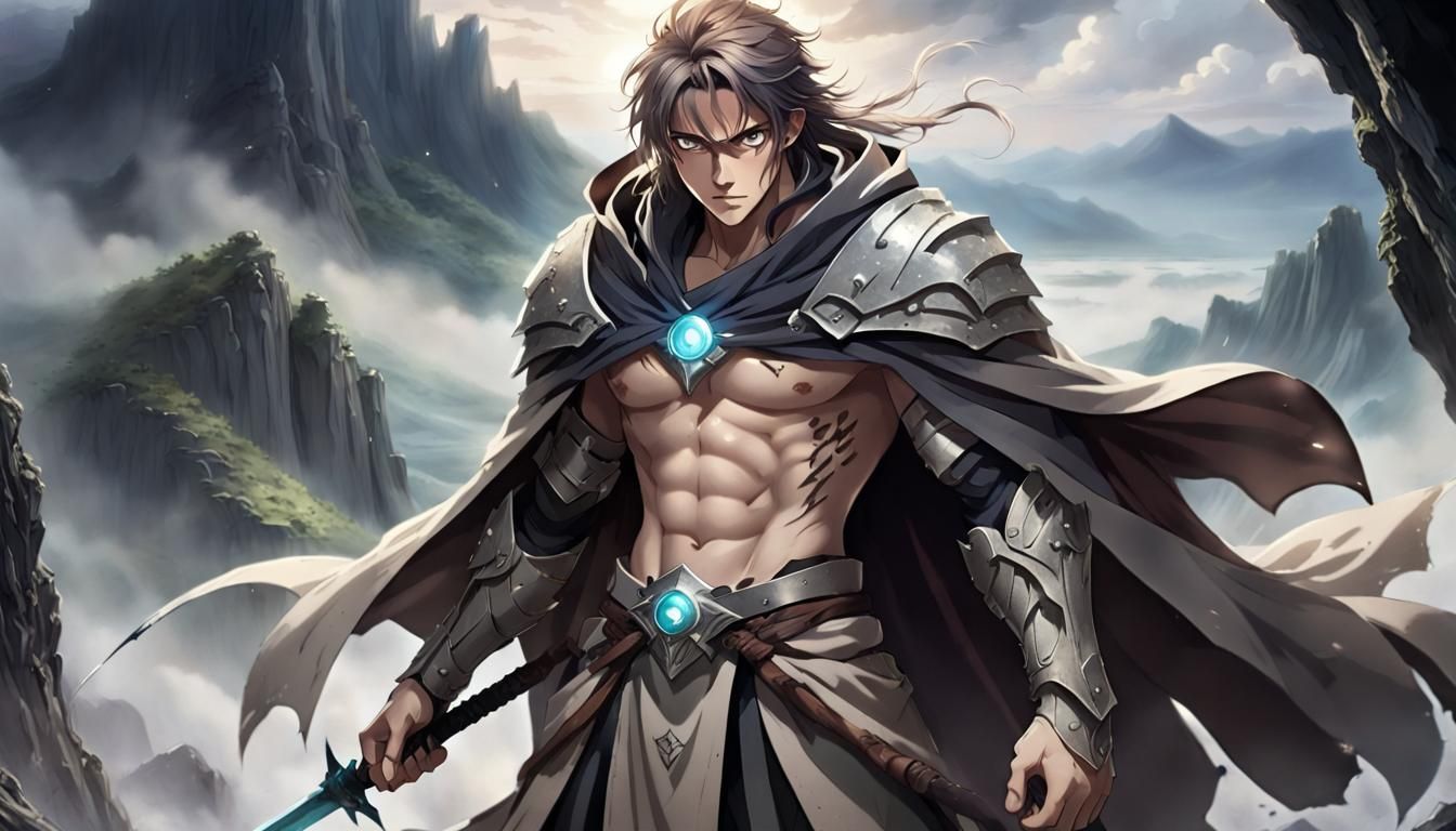 Create an anime character, a lone warrior with battle scars and ...