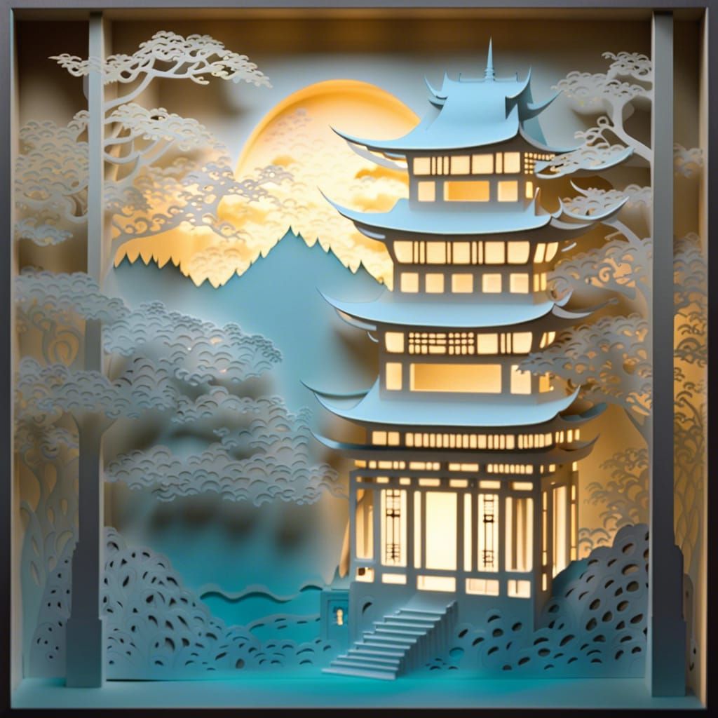 paper carving nightlight lightbox with tall elaborate Japanese temple ...