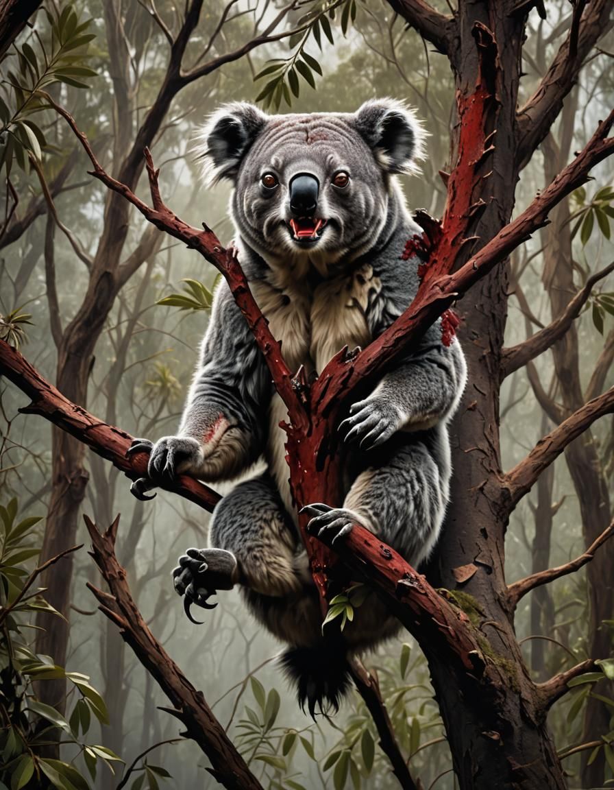A dreaded australian drop-bear lurking in the treetops, waiting for an innocent victim to wander ...