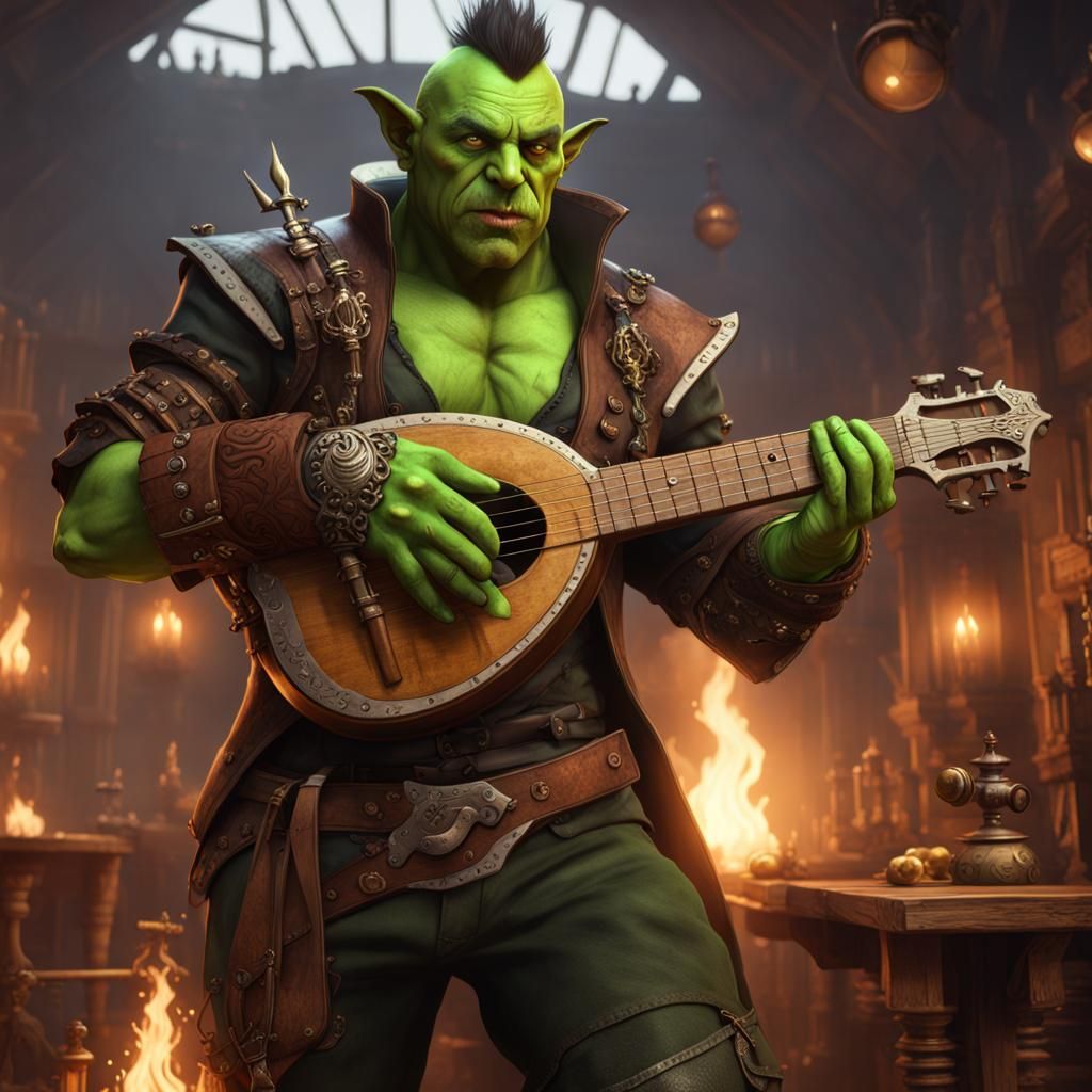Half orc steampunk bard wielding a lute - AI Generated Artwork ...