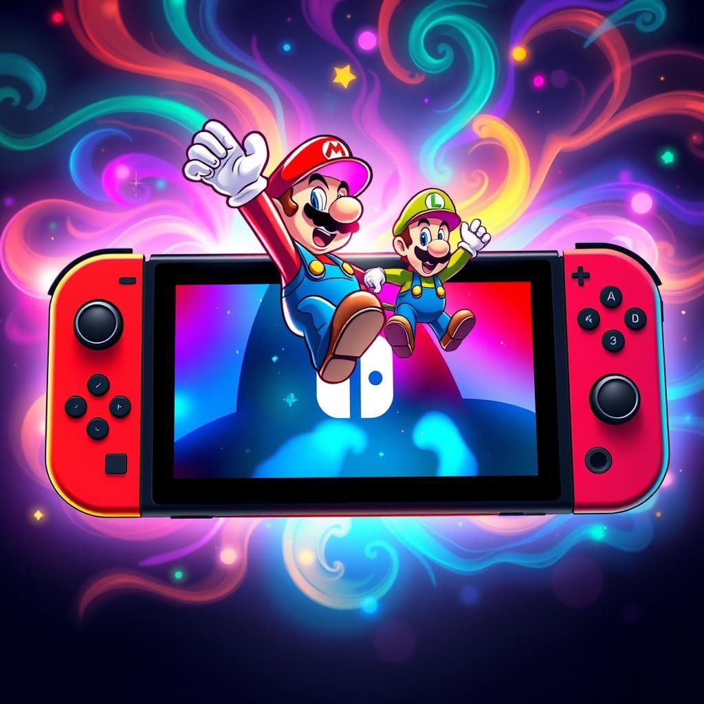 Nintendo switch but Mario and Luigi are coming out of the screen