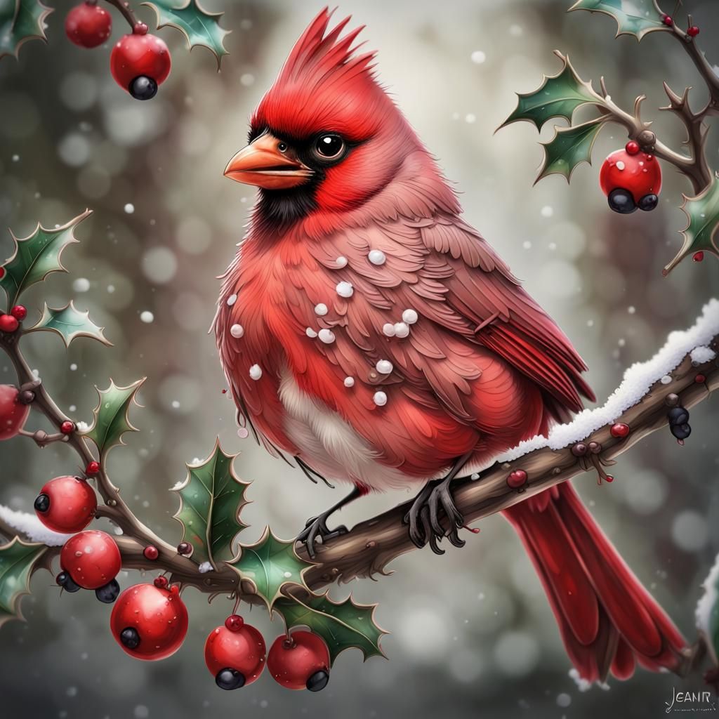 intricately detailed chibi red cardinal on a branch with holly and ...
