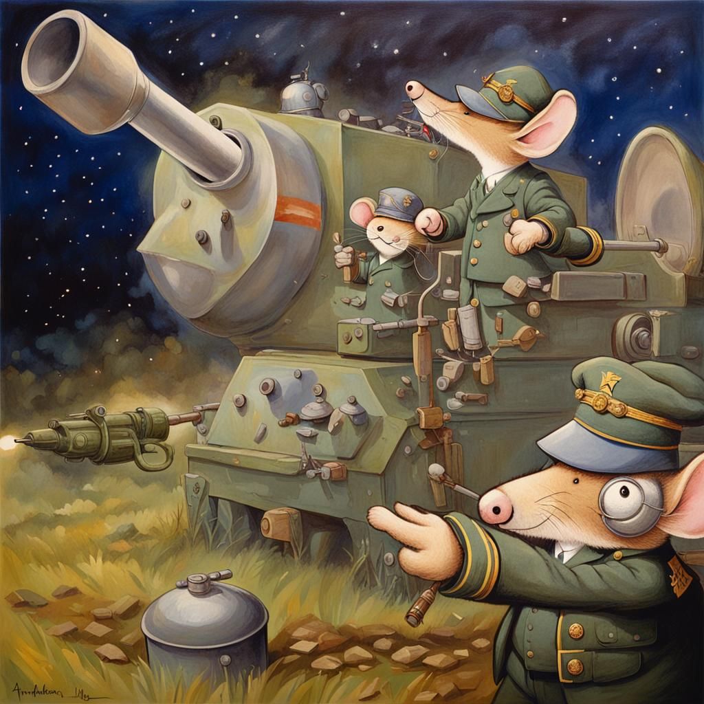 Anthropomorphic mice in military uniform Handling a gigantic piece of ...