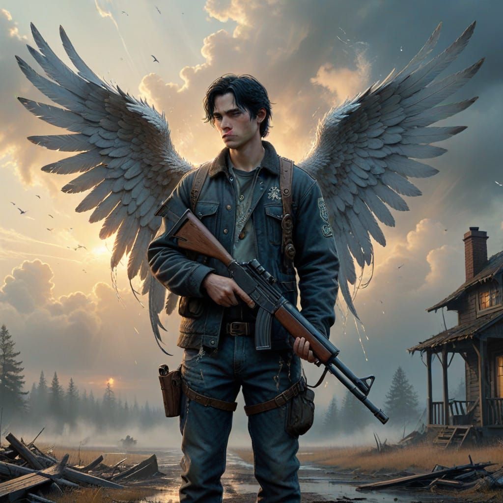 Fallen Angel with Shotgun in Whimsical Fantasy Lan... - AI Art