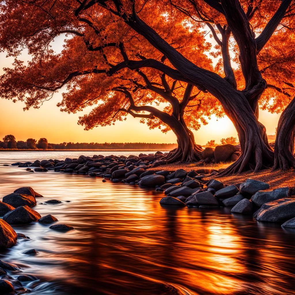 an orange sunset over an orange rive with a autumn tree to the side ...