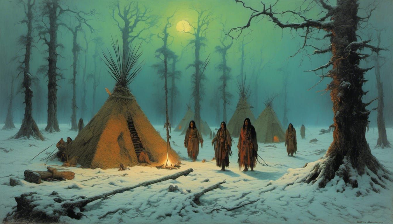 Native Americans camped in winter by Zdzisław Beksiński - AI Generated ...