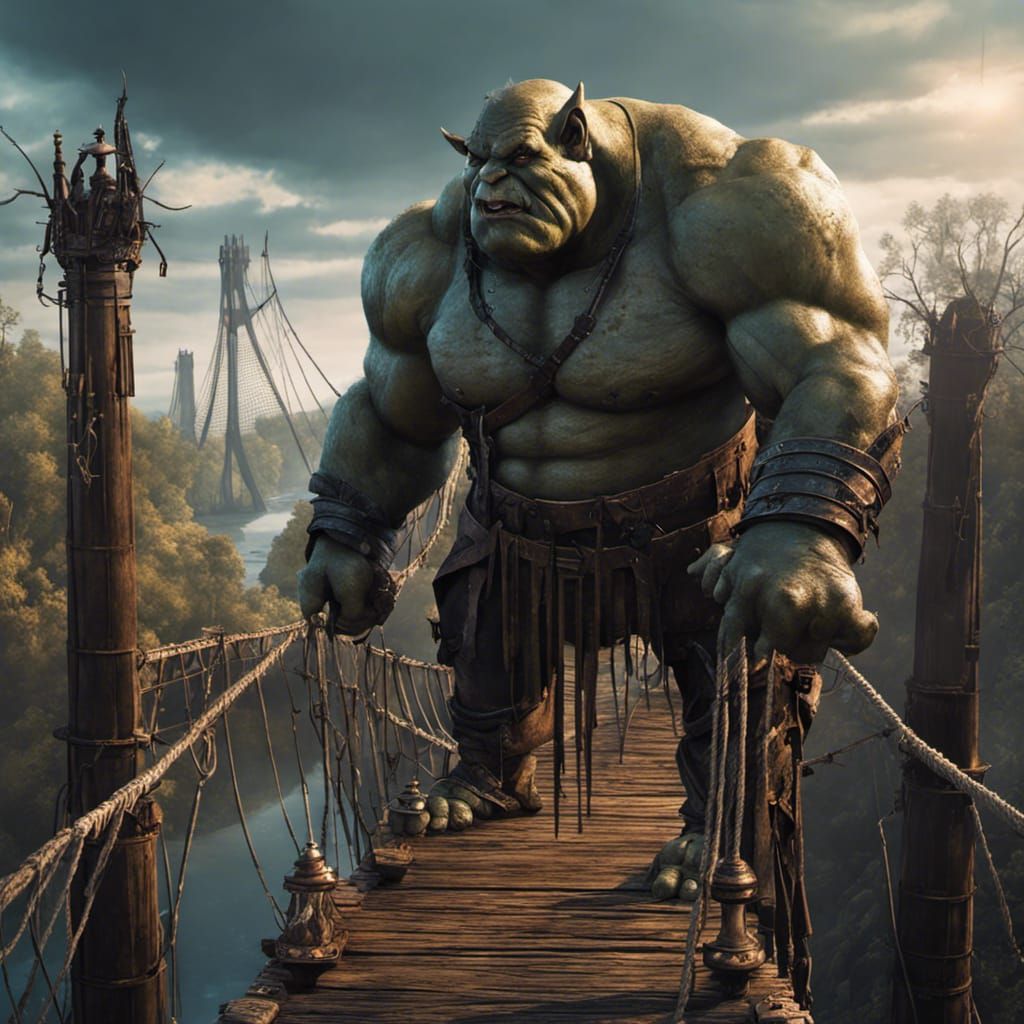 Giant ogre on old broken down wooden bridge - AI Generated Artwork ...
