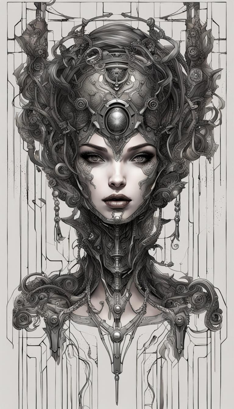 a woman’s face in an evil design, in the style of techpunk, dark and ...