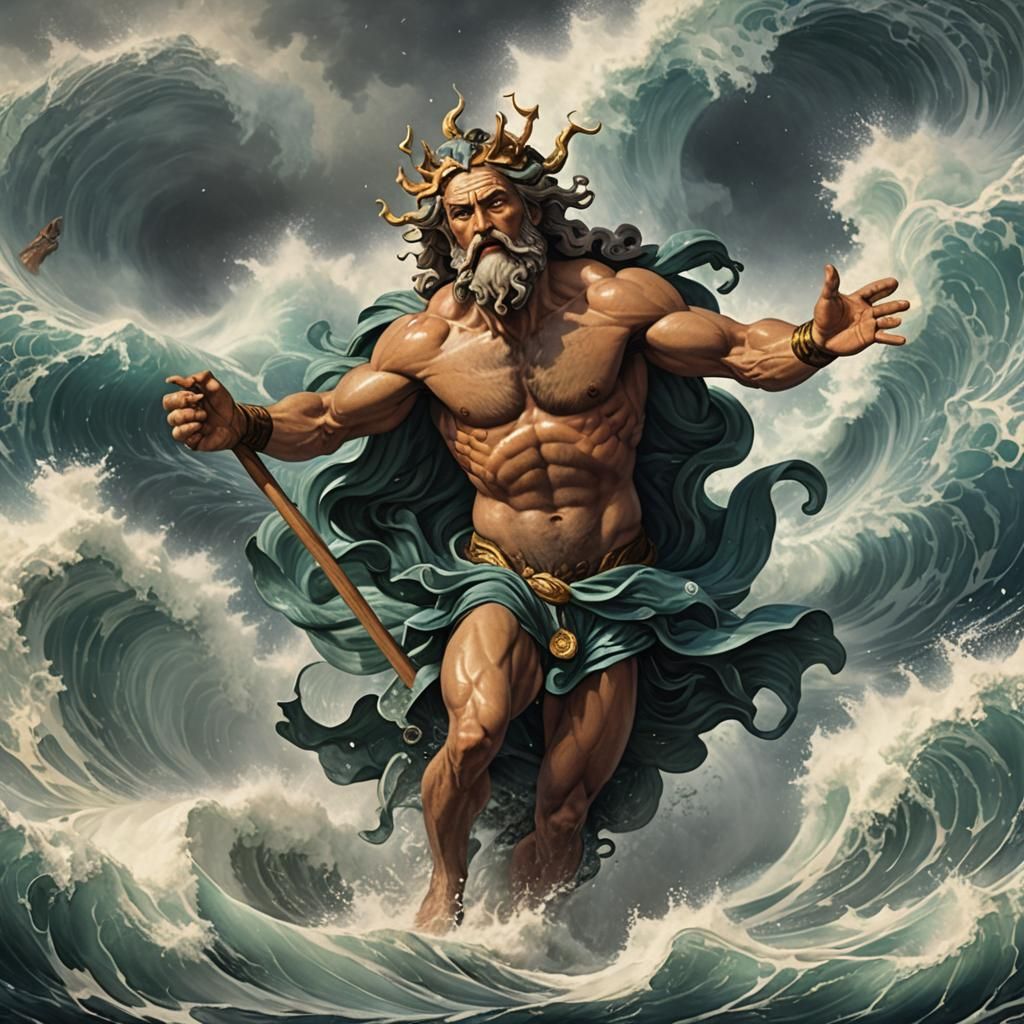 The god Neptune emerges from the tumultuous waters, hurling waves of a ...