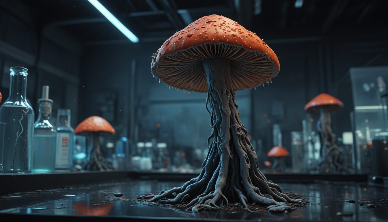 Mutant in Laboratory with Glowing Veins and Mushro... - AI Art