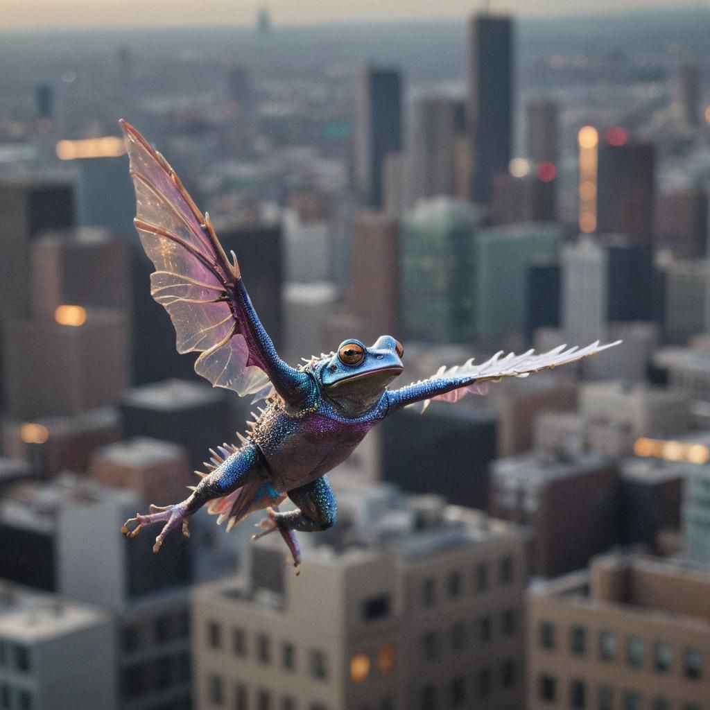 Flying frog - Surreal Flying Toad Descends on Urban Cityscap...