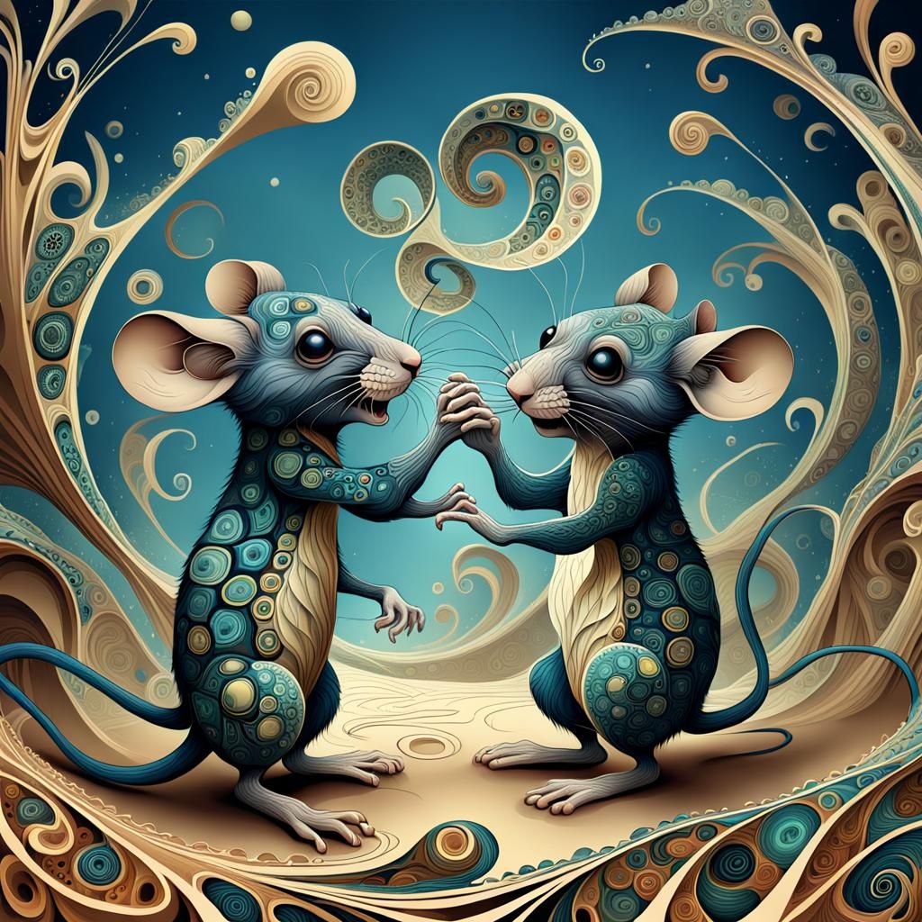mice high fiving each other, surrealism, Surrealist, absurd, bizarre ...