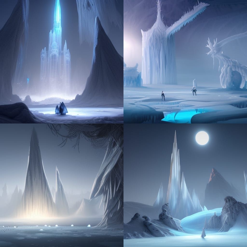 Spire of ice sticks out from a a field of ice, there is a soft glow ...